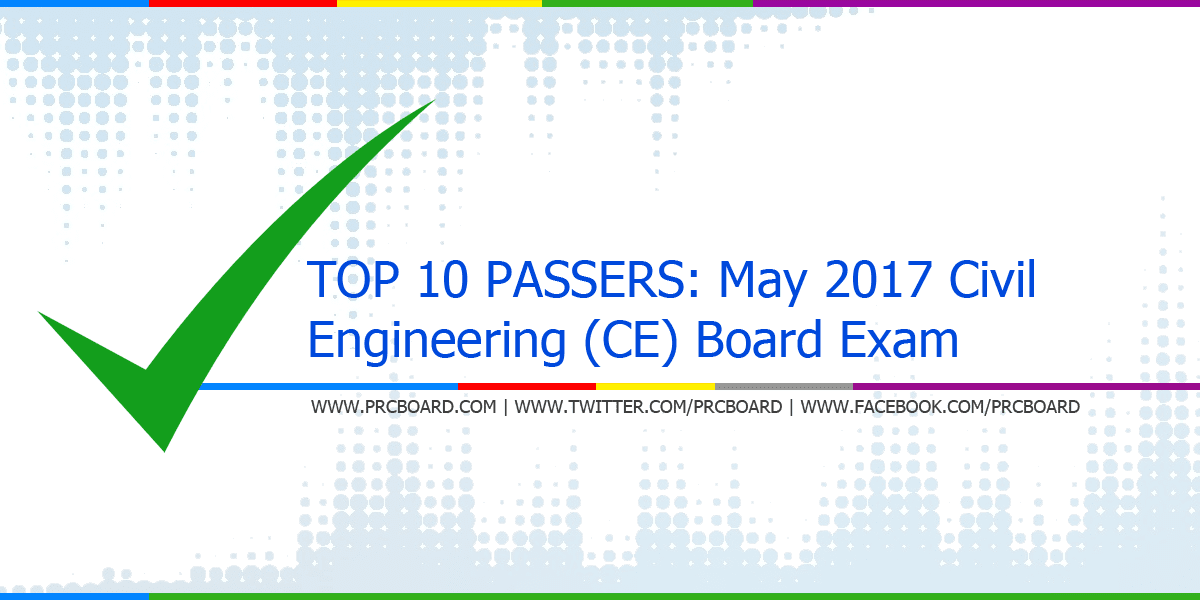TOP 10 PASSERS: May 2017 Civil Engineer (CE) Board Exam Topnotchers TOP 10 PASSERS: May 2017 Civil Engineer (CE) Board Exam Topnotchers