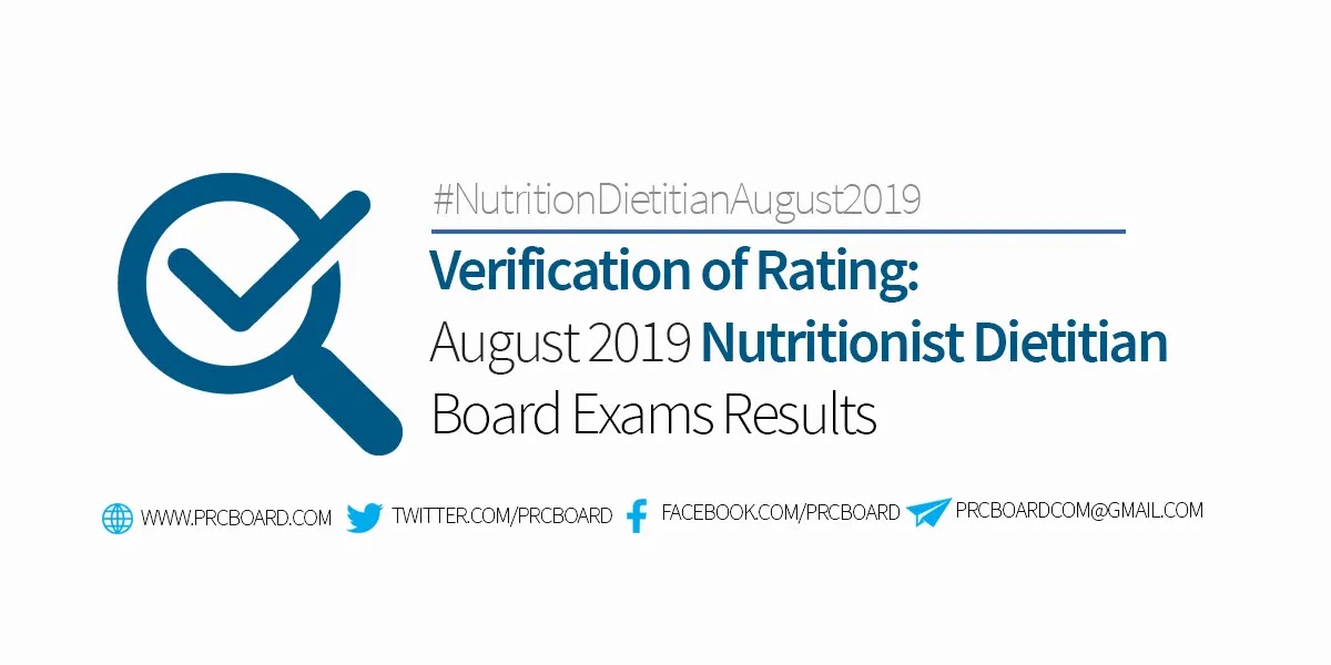 VERIFICATION OF RATING: August 2019 Nutritionist Dietitian Board Exam ... VERIFICATION OF RATING: August 2019 Nutritionist Dietitian Board Exam ...